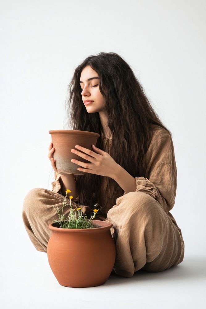 Woman pot sitting holding. | Free Photo - rawpixel