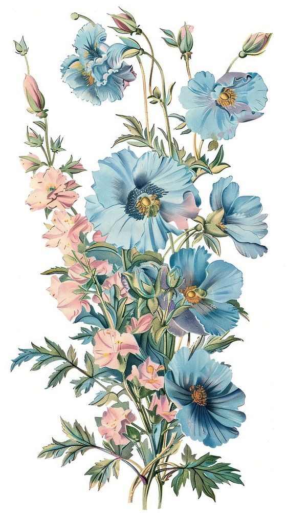 Vintage illustration blue flowers art | Free Photo Illustration - rawpixel
