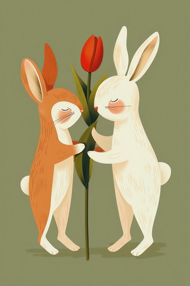 Rabbit holding tulips rabbits art | Free Photo Illustration - rawpixel