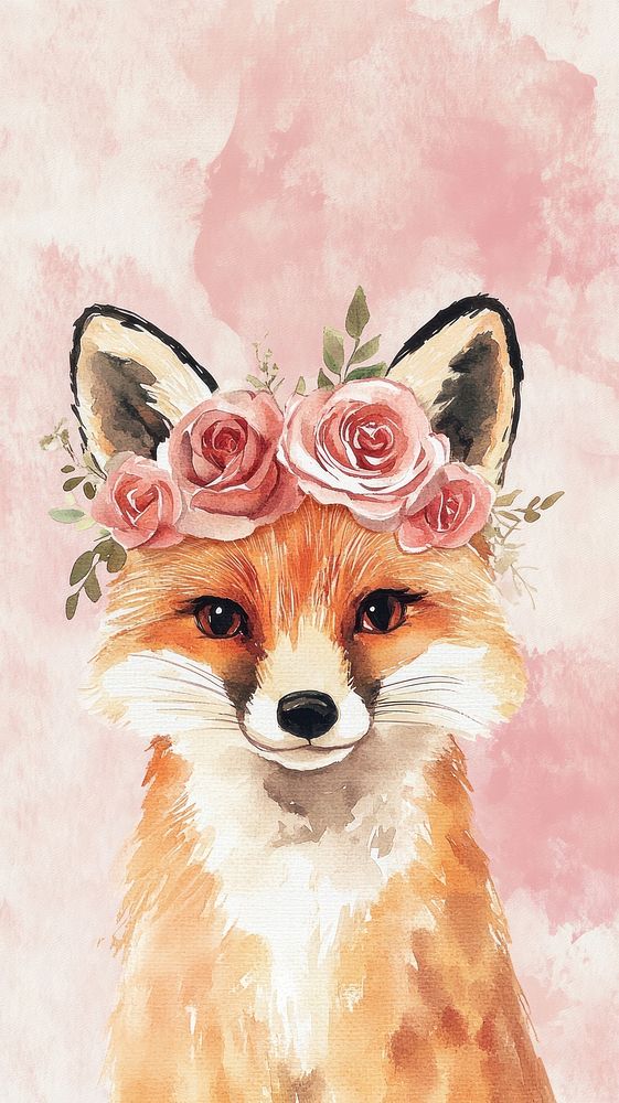 Cute fox roses illustration watercolor. | Free Photo Illustration ...