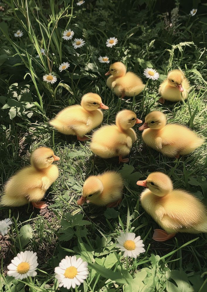 Ducklings playing grass daisy ducks | Free Photo - rawpixel