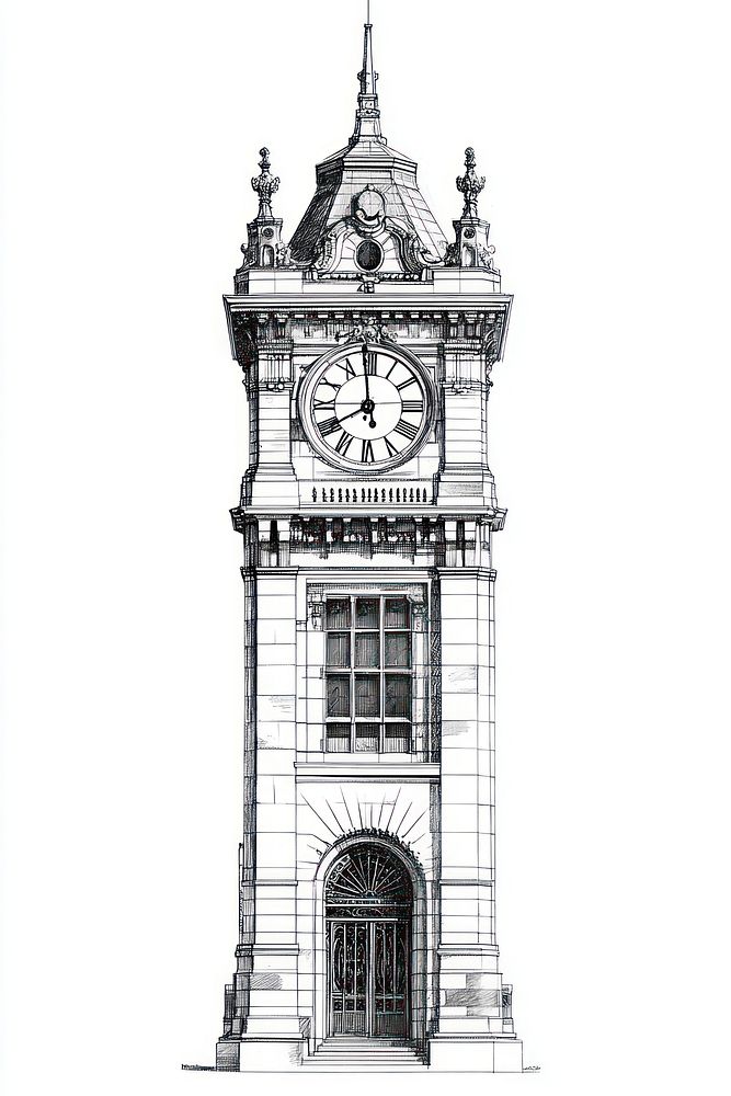 Clock tower drawing art architectural. | Free Photo Illustration - rawpixel