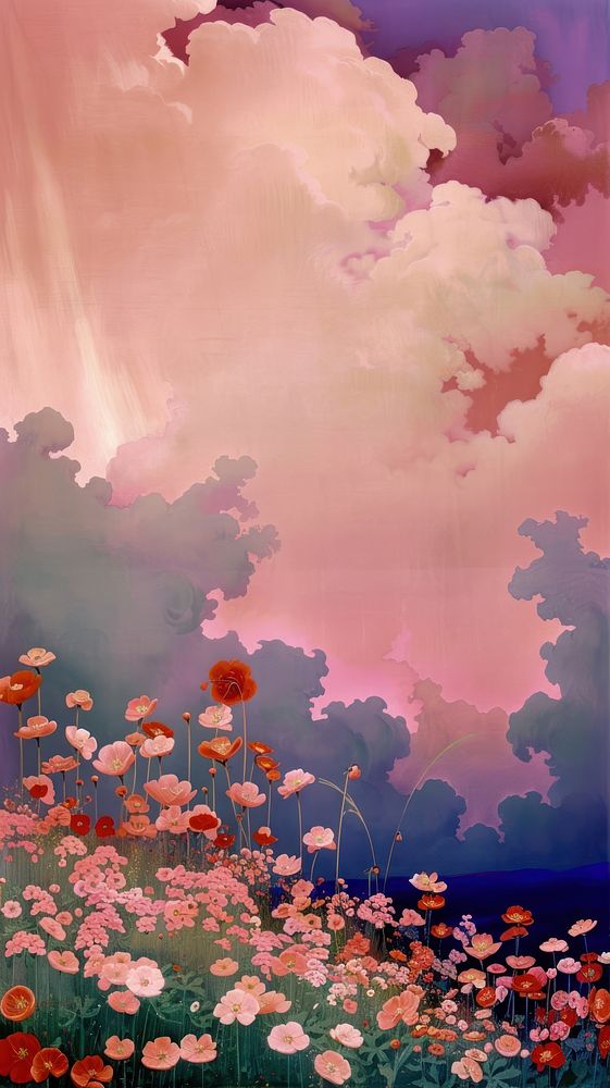 Flowers illustration nature clouds. | Free Photo Illustration - rawpixel