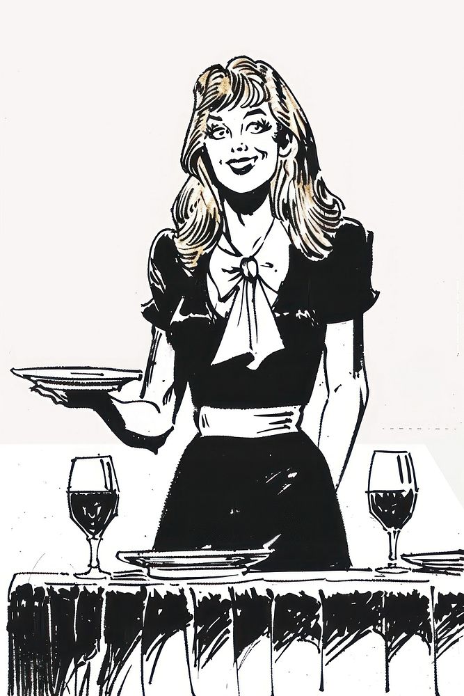 Woman waitress illustration drawing vintage. | Free Photo Illustration ...