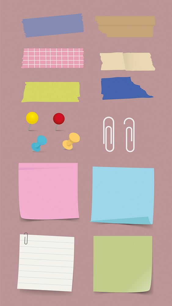 Colorful sticky notes, paper clips, | Free Vector - rawpixel