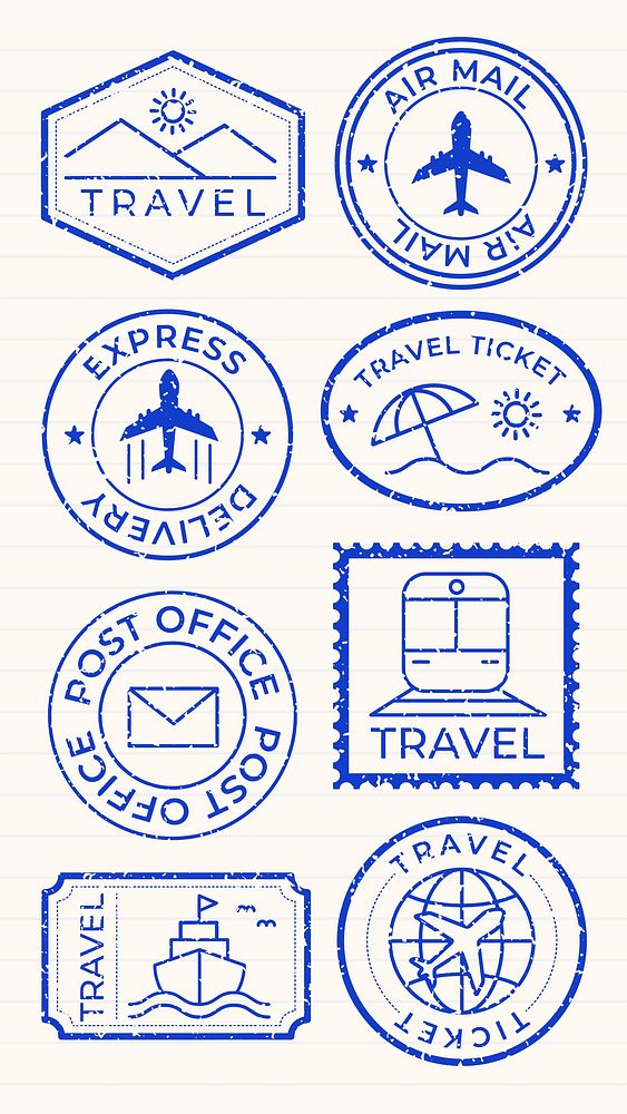 Blue travel-themed stamps featuring planes, | Free Vector - rawpixel