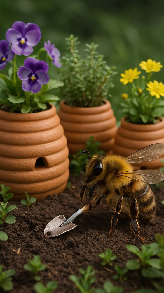 Bee gardening with flower pots | Free Photo Illustration - rawpixel