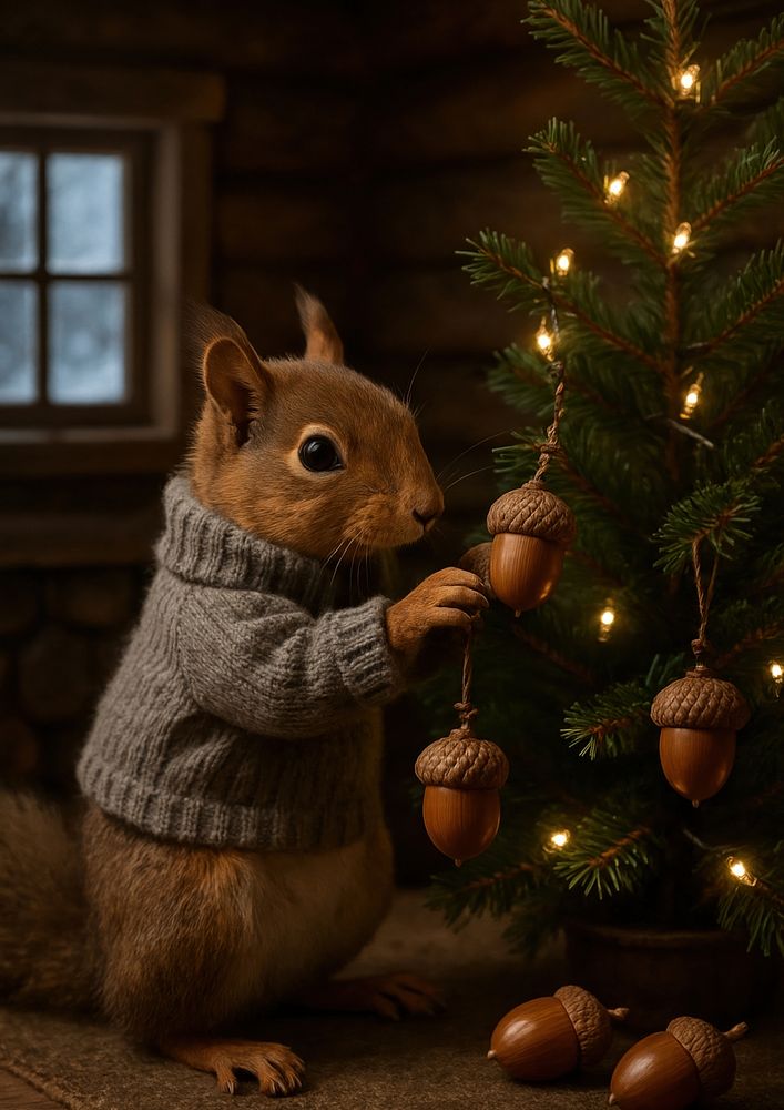 Cozy squirrel decorates festive tree. | Free Photo Illustration - rawpixel