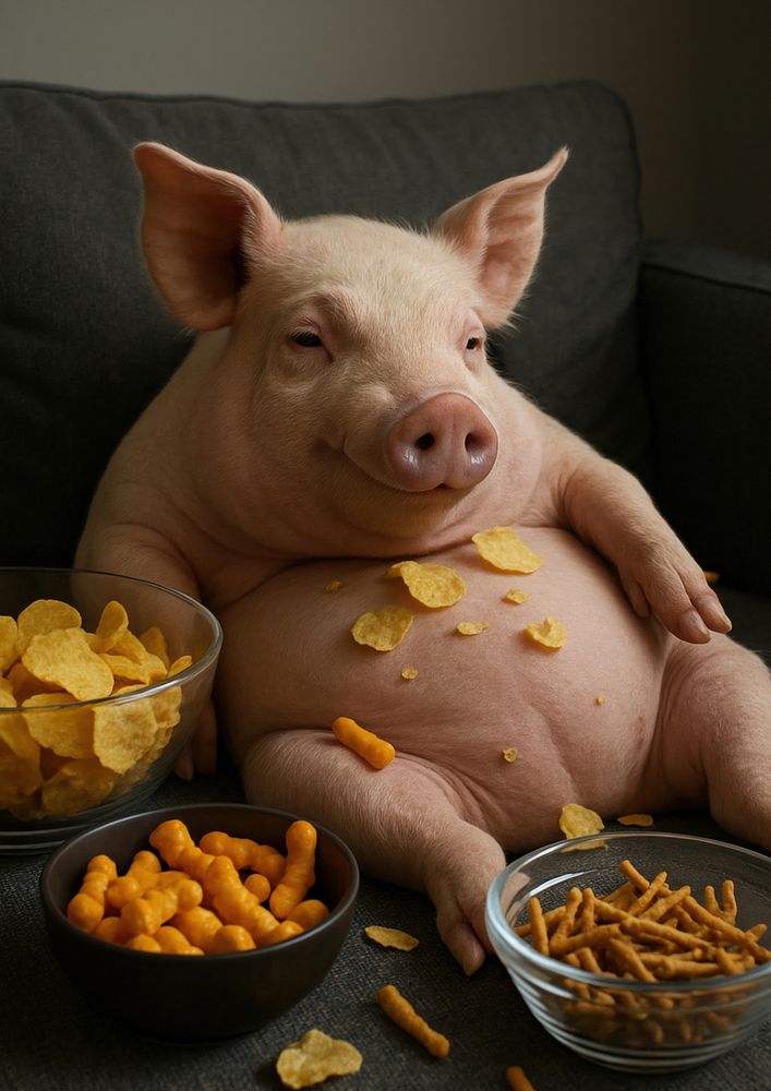 Relaxed pig enjoying snacks. | Free Photo Illustration - rawpixel
