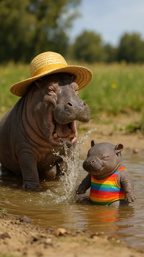 Playful hippos enjoying summer fun. | Free Photo Illustration - rawpixel