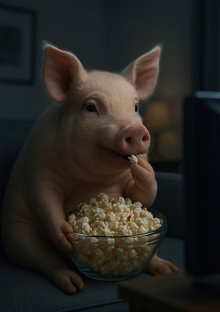 Pig enjoying popcorn movie | Free Photo Illustration - rawpixel