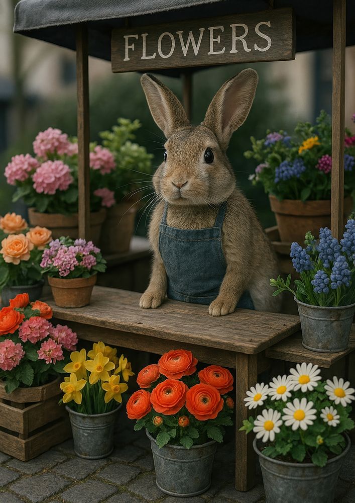 Charming rabbit florist scene | Free Photo Illustration - rawpixel