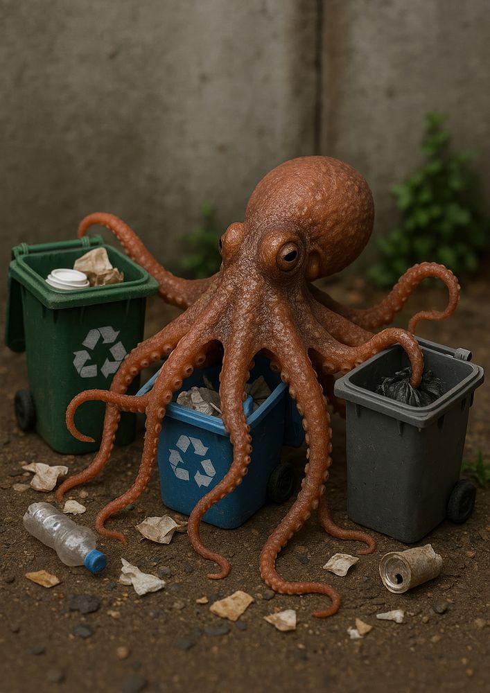 Octopus recycling waste bins | Free Photo Illustration - rawpixel