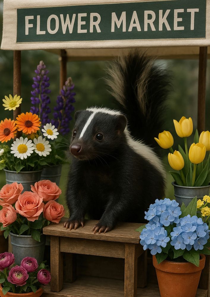 Skunk amidst vibrant flower display. | Free Photo Illustration - rawpixel