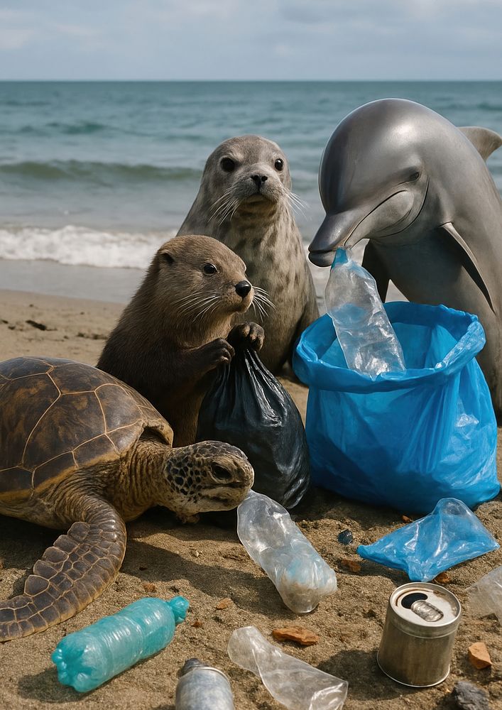 Animals cleaning polluted beach | Free Photo Illustration - rawpixel