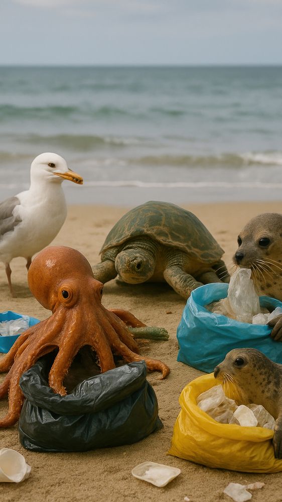 Marine animals collect beach waste. | Free Photo Illustration - rawpixel