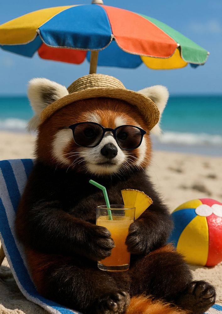 Relaxing red panda beach vacation | Free Photo Illustration - rawpixel