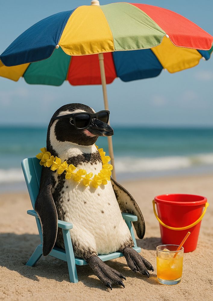 Penguin enjoys sunny beach vacation. | Free Photo Illustration - rawpixel