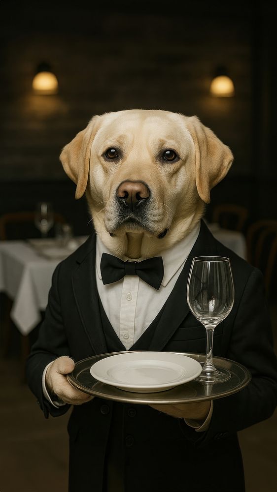 Dog waiter serving elegance humor | Free Photo Illustration - rawpixel