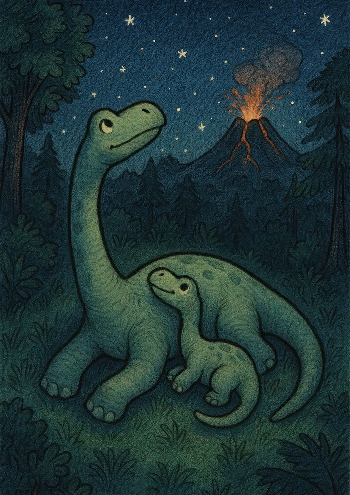 Dinosaurs stargazing near volcano. | Free Photo Illustration - rawpixel