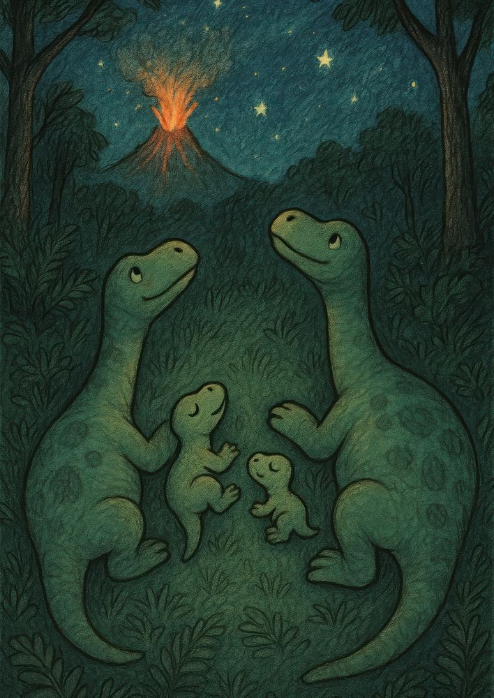 Dinosaurs stargazing near volcano. | Free Photo Illustration - rawpixel