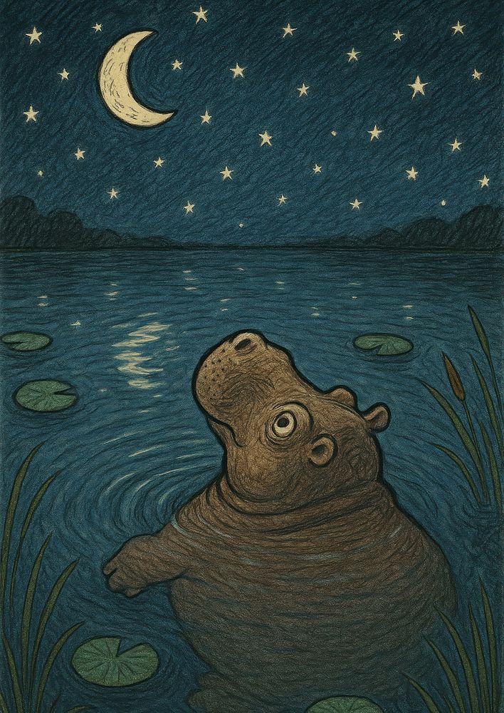 Whimsical hippo under starry sky | Free Photo Illustration - rawpixel