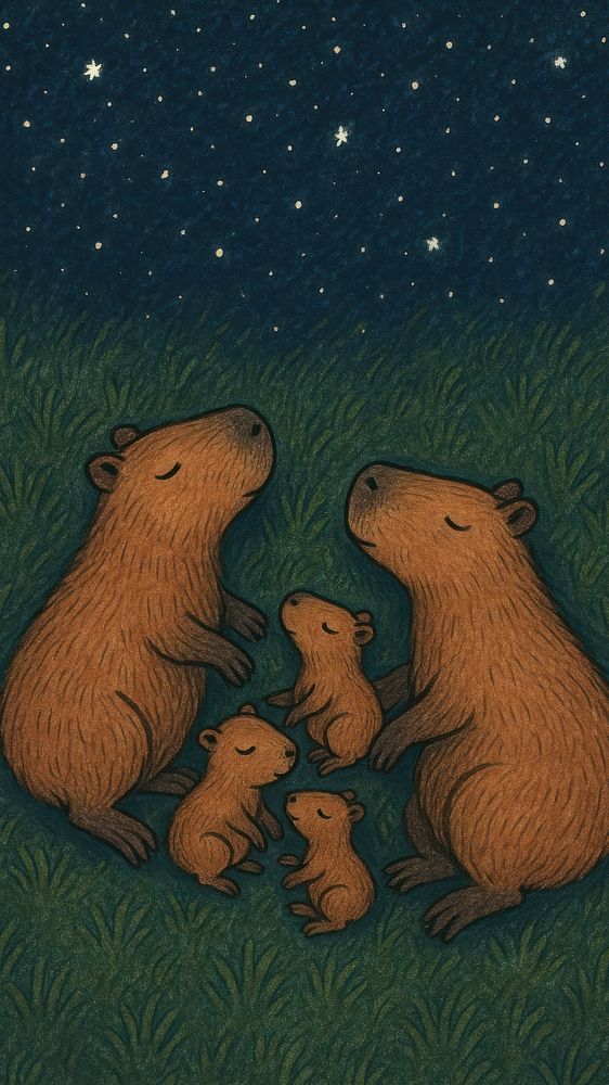 Capybara family under stars | Free Photo Illustration - rawpixel