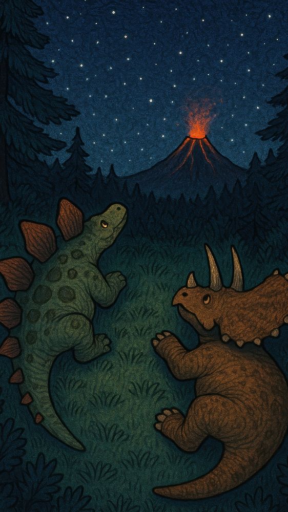 Dinosaurs stargazing near volcano. | Free Photo Illustration - rawpixel