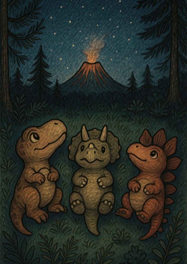 Dinosaurs stargazing near volcano | Free Photo Illustration - rawpixel