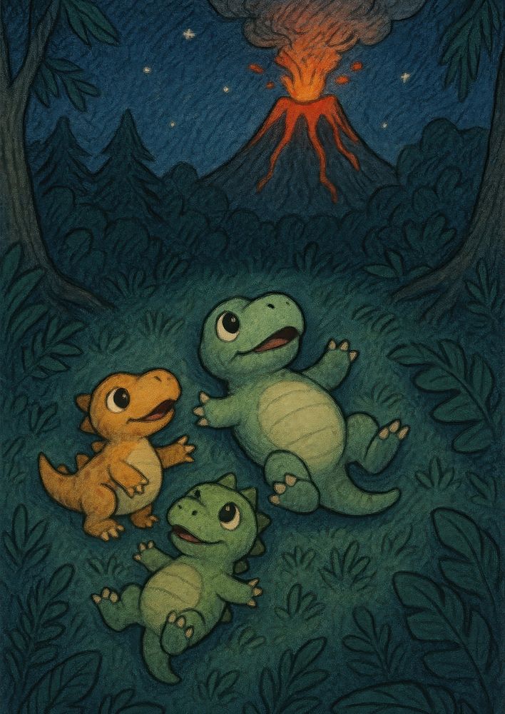 Dinosaurs stargazing near volcano | Free Photo Illustration - rawpixel