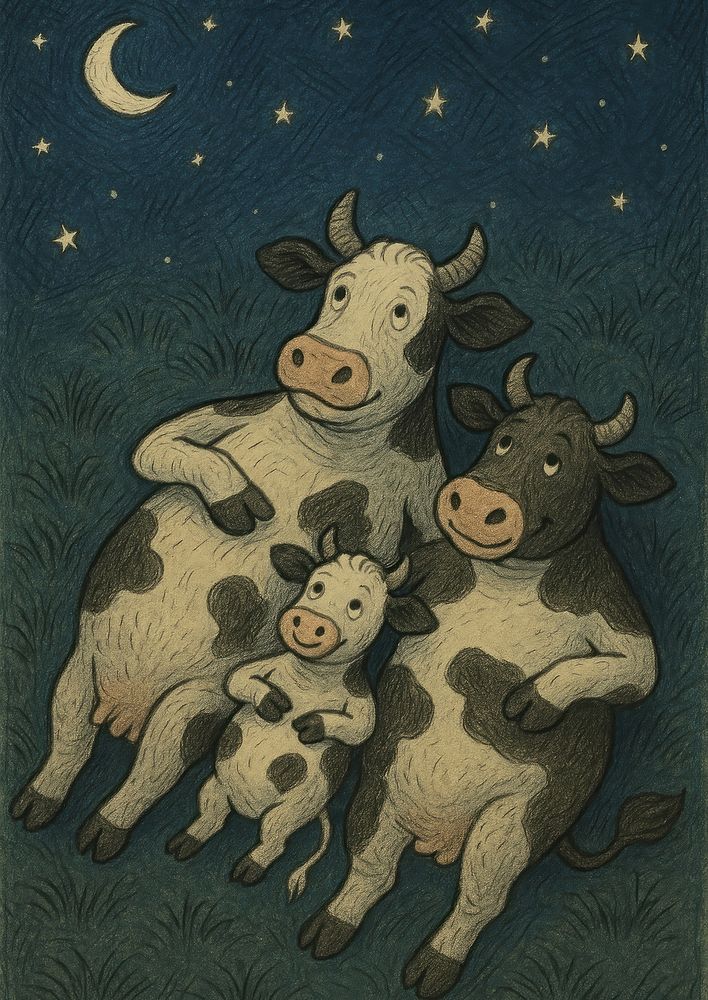 Whimsical cows under stars | Free Photo Illustration - rawpixel