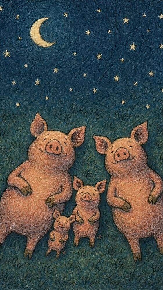Whimsical pigs under stars | Free Photo Illustration - rawpixel