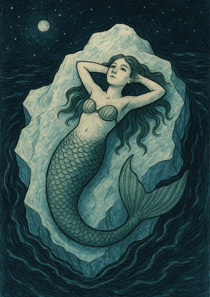 Mermaid resting on moonlit rock | Free Photo Illustration - rawpixel