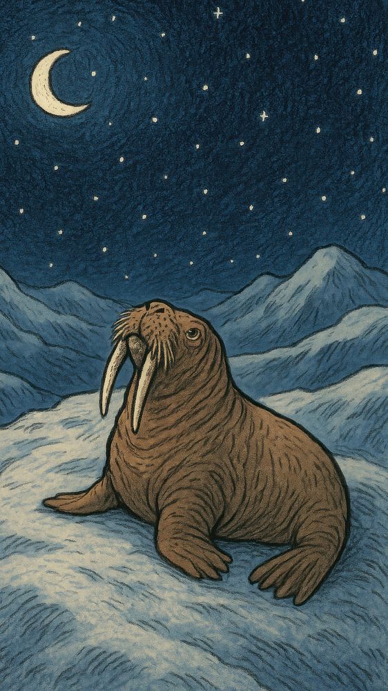 Walrus stargazing snowy night | Free Photo Illustration - rawpixel