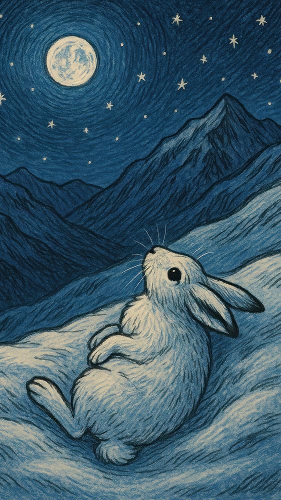 Rabbit stargazing under moonlight | Free Photo Illustration - rawpixel