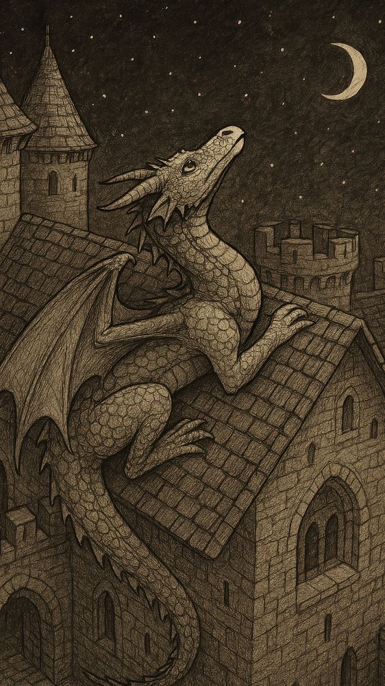 Medieval dragon rooftop night | Free Photo Illustration - rawpixel