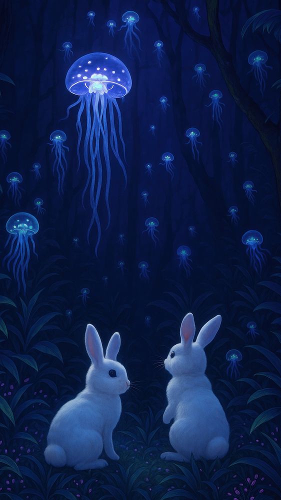 Enchanted rabbits under glowing jellyfish | Free Photo Illustration ...