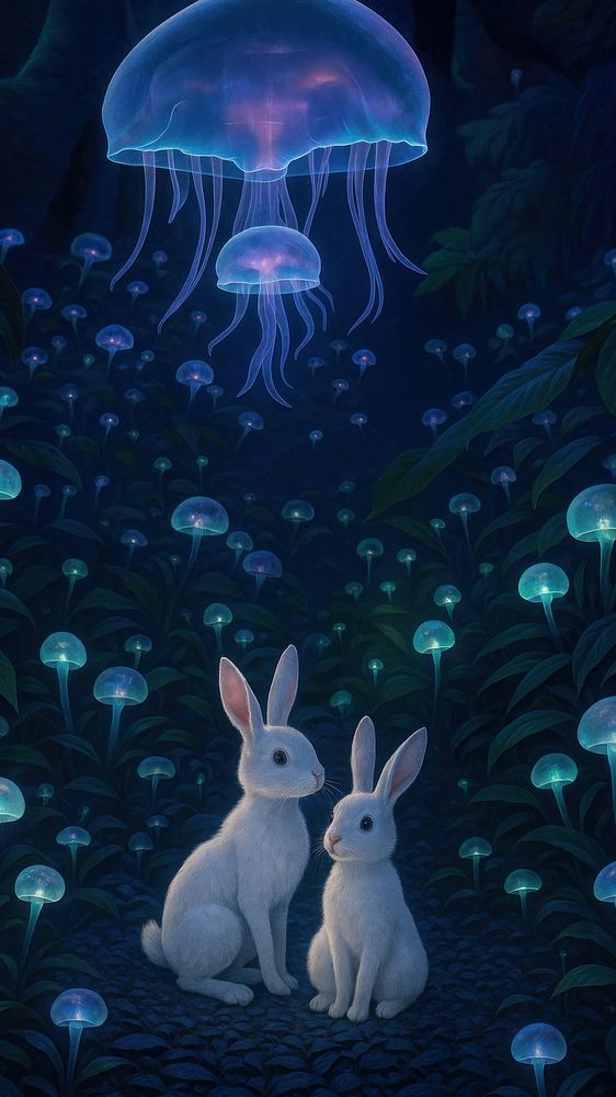 Enchanted rabbits under glowing jellyfish | Free Photo Illustration ...