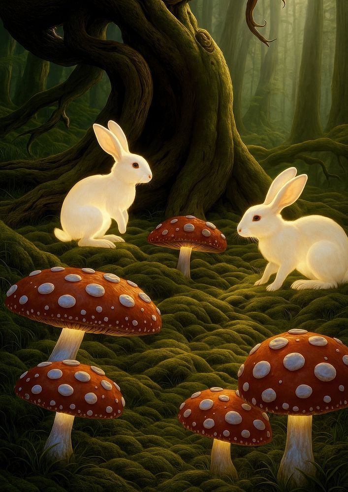Enchanted forest rabbits mushrooms | Free Photo Illustration - rawpixel