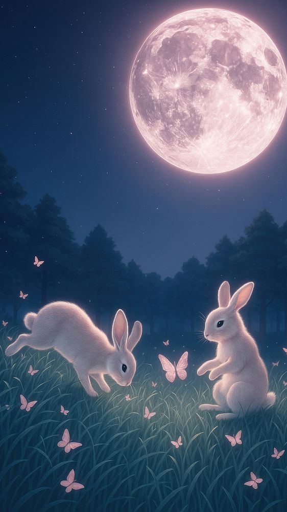 Enchanted rabbits under moonlight | Free Photo Illustration - rawpixel