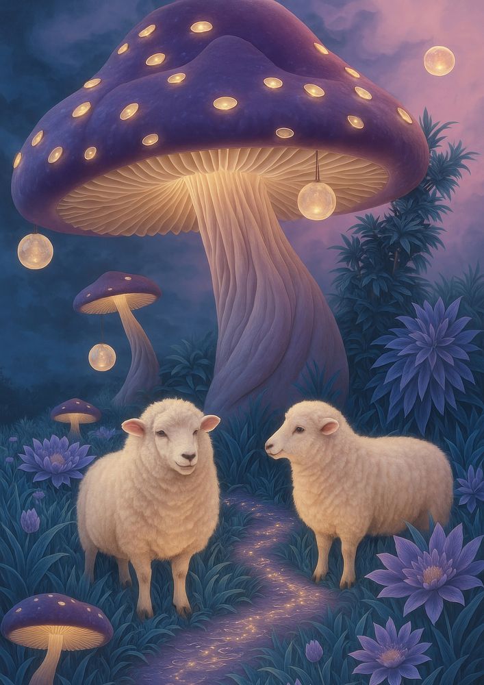 Enchanted sheep under glowing mushrooms | Free Photo Illustration ...
