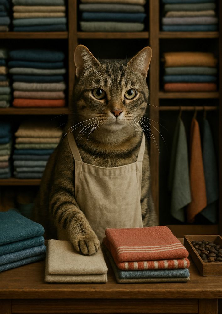 Cat shopkeeper with fabrics | Free Photo Illustration - rawpixel
