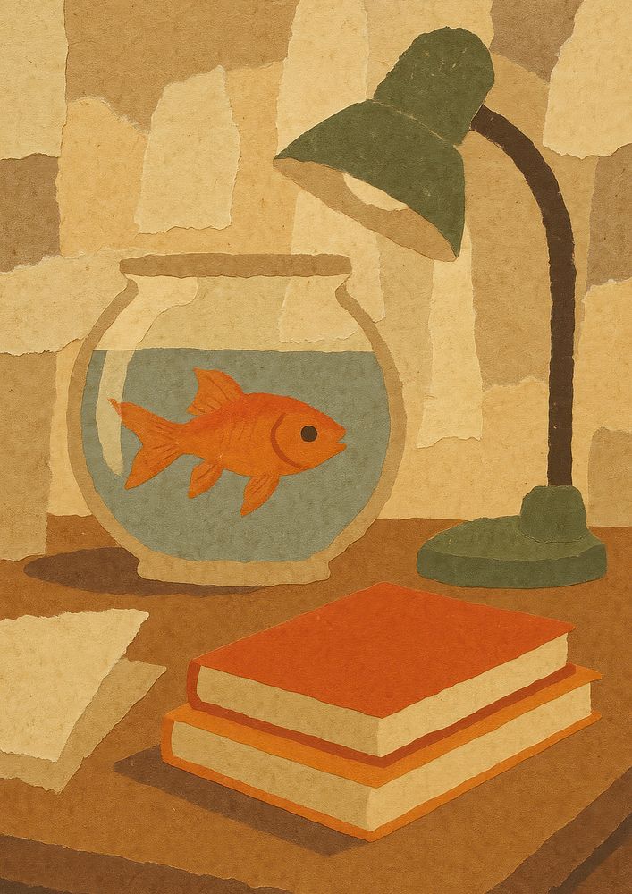 Cozy desk with goldfish | Free Photo Illustration - rawpixel