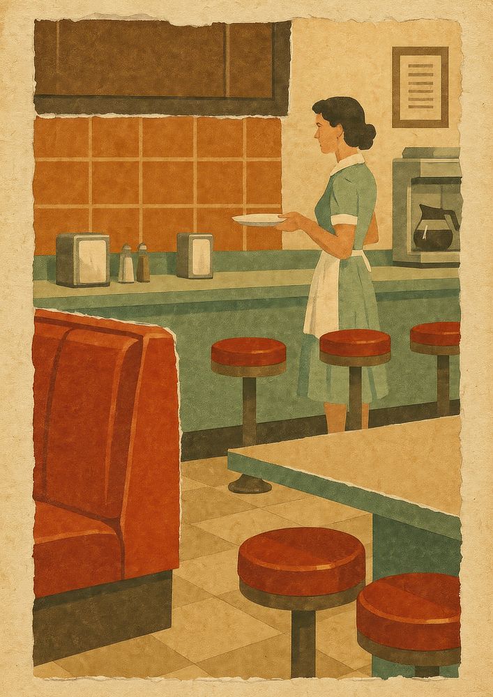 Retro diner waitress illustration. | Free Photo Illustration - rawpixel