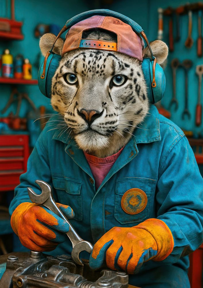 Snow leopard mechanic workshop art | Free Photo - rawpixel