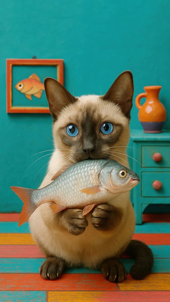 Siamese cat holding fish | Free Photo - rawpixel
