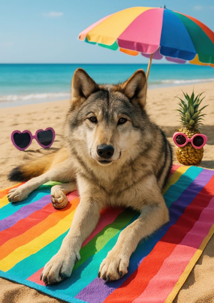Beach wolf rainbow relaxation scene | Free Photo - rawpixel