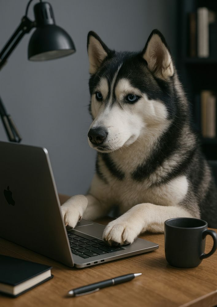 Husky working on laptop desk | Free Photo - rawpixel