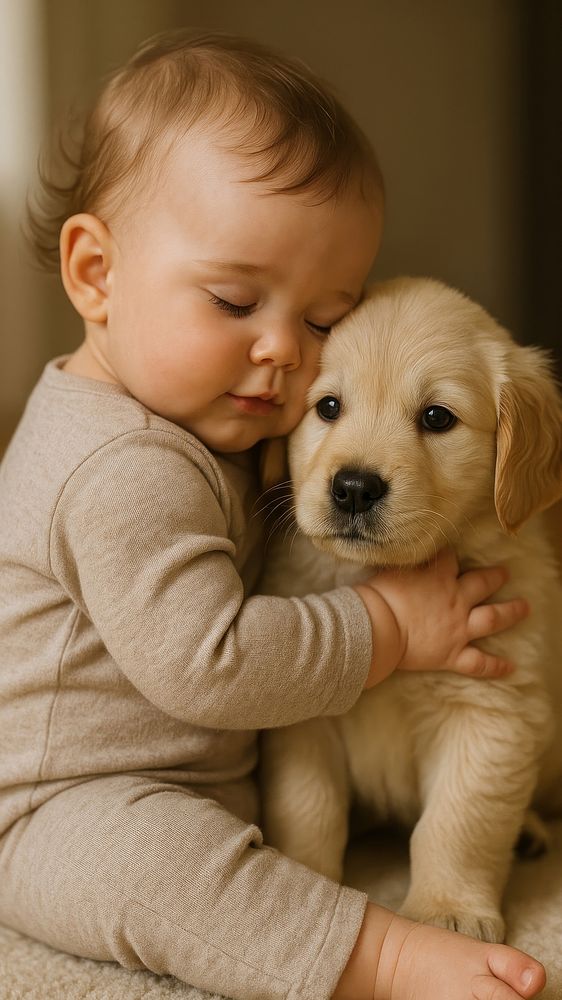 Baby cuddling adorable puppy. | Free Photo - rawpixel