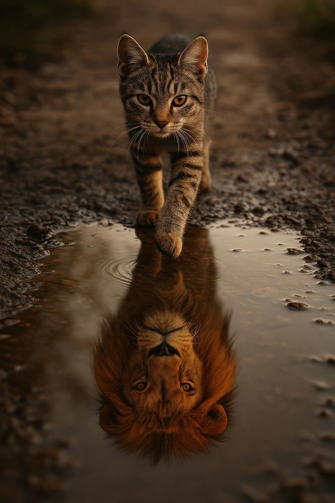 Cat sees lion reflection puddle | Free Photo - rawpixel